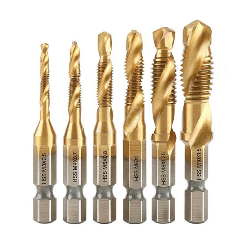 6PCS Combination Screw Tap Drill Bit Set Titanium Coated Spiral Flute ...